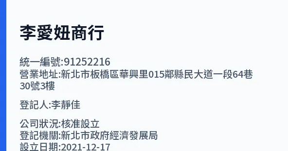 李愛妞商行的照片-統編 91252216(新北市) 公司登記資料與營業項目詳細圖表