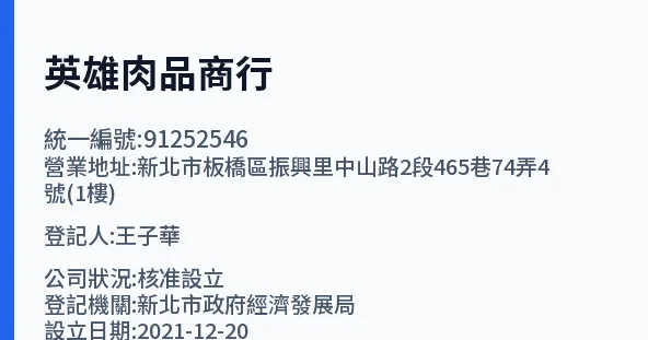 英雄肉品商行的照片-統編 91252546(新北市) 公司登記資料與營業項目詳細圖表