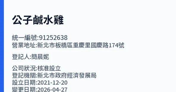 公子鹹水雞的照片-統編 91252638(新北市) 公司登記資料與營業項目詳細圖表