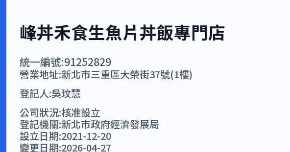 峰丼禾食生魚片丼飯專門店的照片-統編 91252829(新北市) 公司登記資料與營業項目詳細圖表
