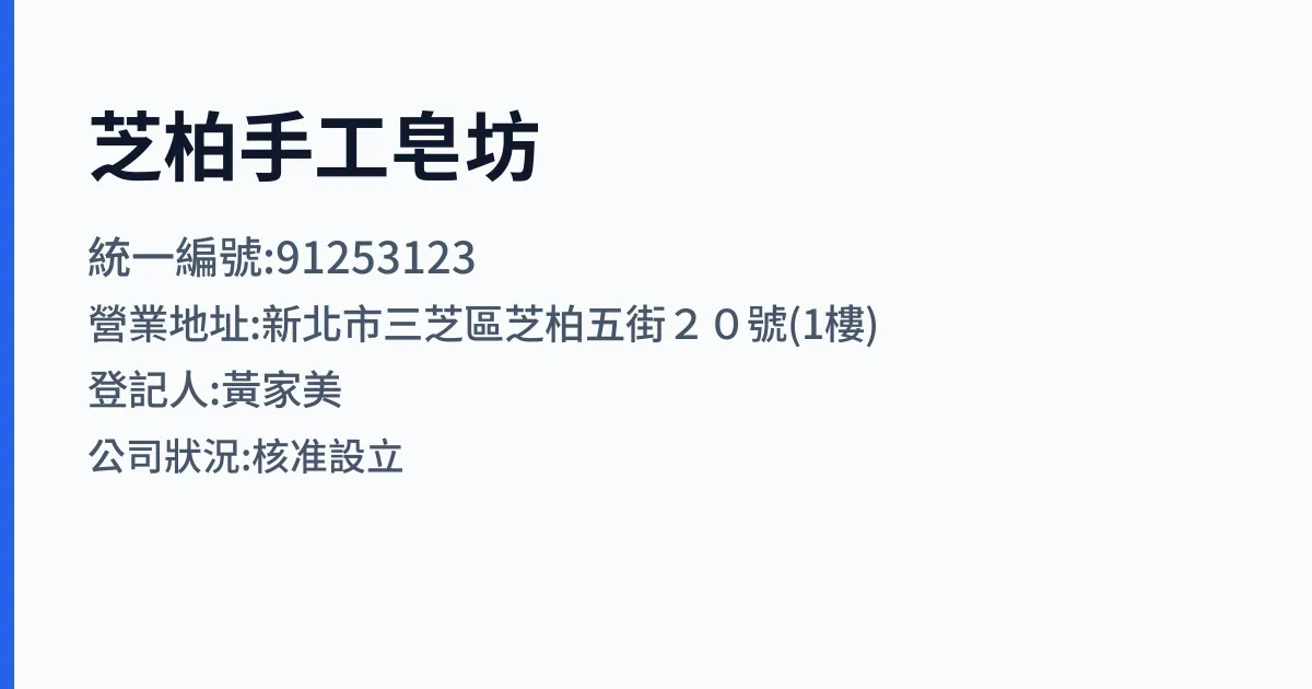 芝柏手工皂坊 - 統編 91253123(新北市) 公司登記資料與營業項目詳細圖表