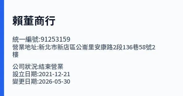 賴董商行的照片-統編 91253159(新北市) 公司登記資料與營業項目詳細圖表