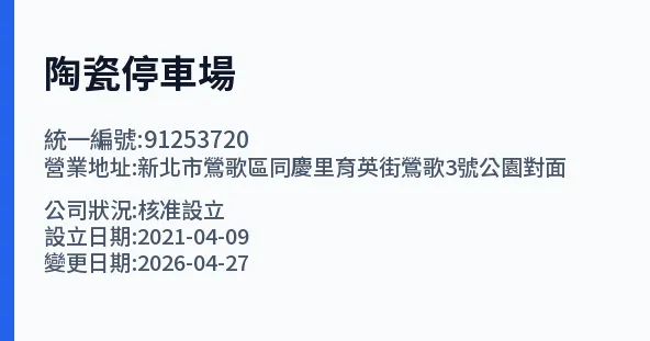 陶瓷停車場的照片-統編 91253720(新北市) 公司登記資料與營業項目詳細圖表