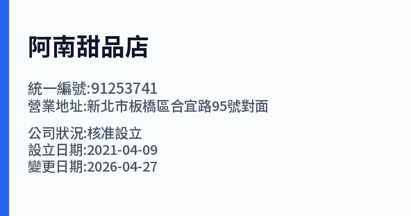 阿南甜品店的照片-統編 91253741(新北市) 公司登記資料與營業項目詳細圖表