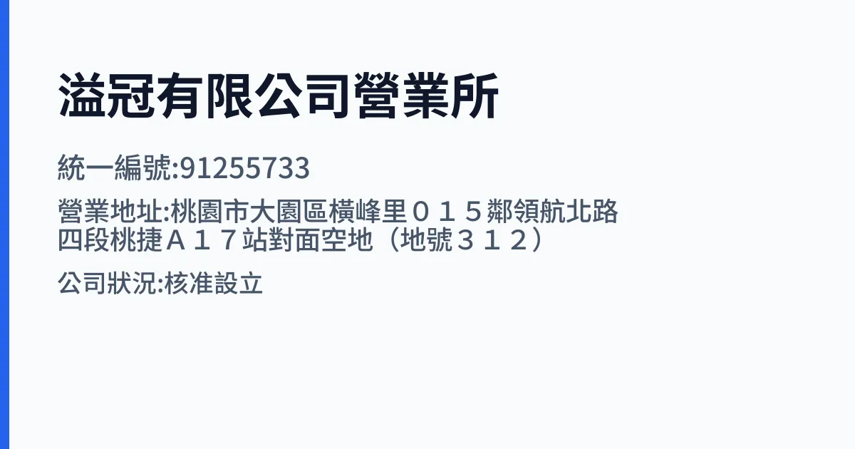 溢冠有限公司營業所 - 統編 91255733(桃園市) 公司登記資料與營業項目詳細圖表