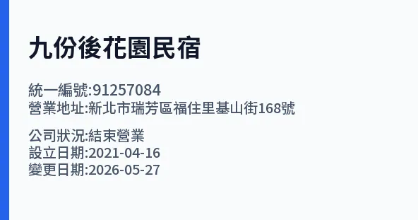九份後花園民宿的照片-統編 91257084(新北市) 公司登記資料與營業項目詳細圖表
