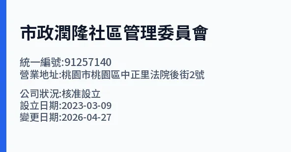 市政潤隆社區管理委員會的照片-統編 91257140(桃園市) 公司登記資料與營業項目詳細圖表