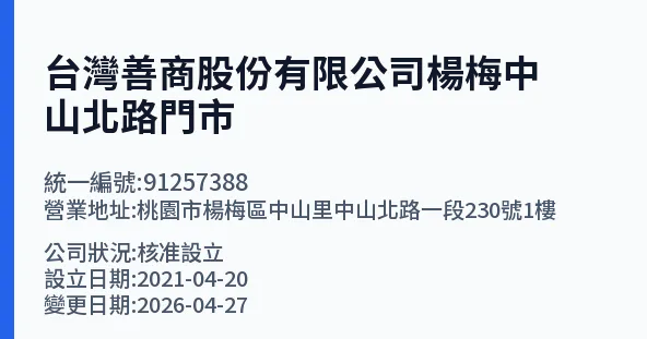 台灣善商股份有限公司楊梅中山北路門市的照片-統編 91257388(桃園市) 公司登記資料與營業項目詳細圖表
