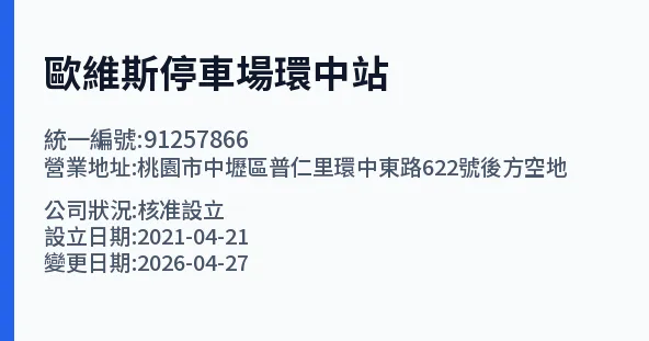 歐維斯停車場環中站的照片-統編 91257866(桃園市) 公司登記資料與營業項目詳細圖表