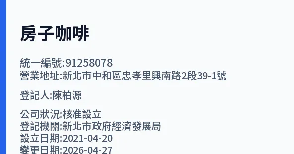 房子咖啡的照片-統編 91258078(新北市) 公司登記資料與營業項目詳細圖表