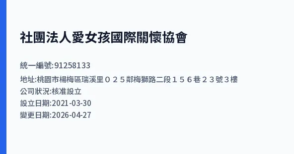 社團法人愛女孩國際關懷協會的照片-統編 91258133(桃園市) 公司登記資料與營業項目詳細圖表