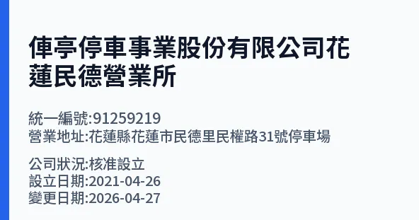 俥亭停車事業股份有限公司花蓮民德營業所的照片-統編 91259219(花蓮縣) 公司登記資料與營業項目詳細圖表