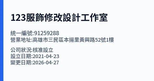 123服飾修改設計工作室的照片-統編 91259288(高雄市) 公司登記資料與營業項目詳細圖表