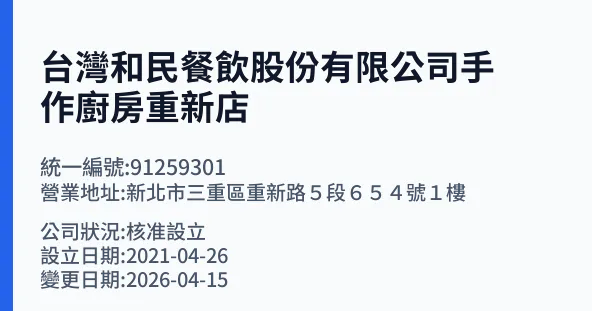 台灣和民餐飲股份有限公司手作廚房重新店的照片-統編 91259301(新北市) 公司登記資料與營業項目詳細圖表