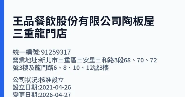 王品餐飲股份有限公司陶板屋三重龍門店的照片-統編 91259317(新北市) 公司登記資料與營業項目詳細圖表