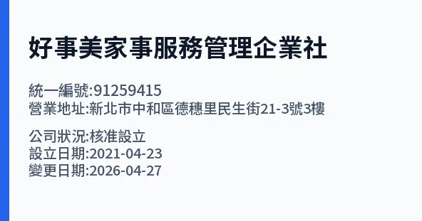 好事美家事服務管理企業社的照片-統編 91259415(新北市) 公司登記資料與營業項目詳細圖表