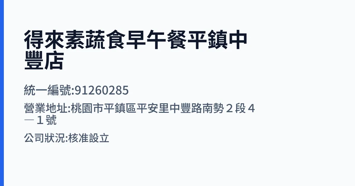 得來素蔬食早午餐平鎮中豐店 - 統編 91260285(桃園市) 公司登記資料與營業項目詳細圖表