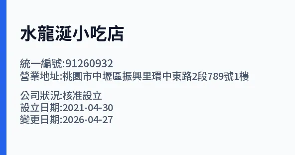 水龍涎小吃店的照片-統編 91260932(桃園市) 公司登記資料與營業項目詳細圖表