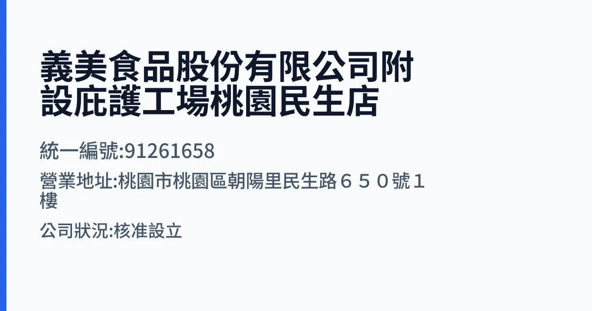 義美食品股份有限公司附設庇護工場桃園民生店 - 統編 91261658(桃園市) 公司登記資料與營業項目詳細圖表