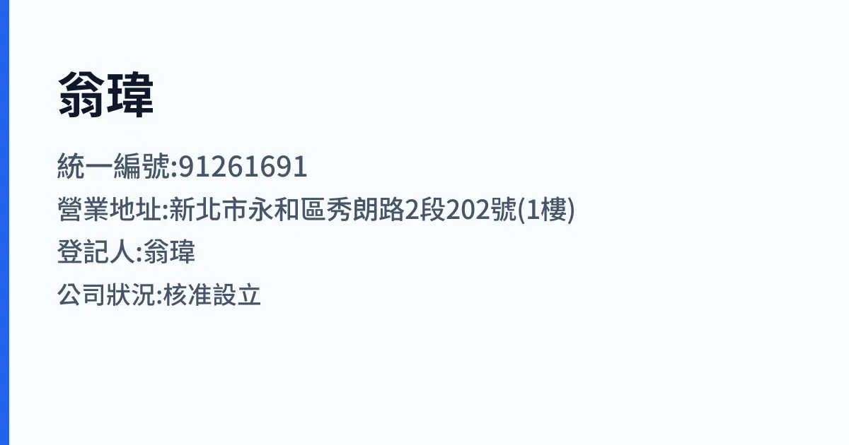 翁瑋 - 統編 91261691(新北市) 公司登記資料與營業項目詳細圖表