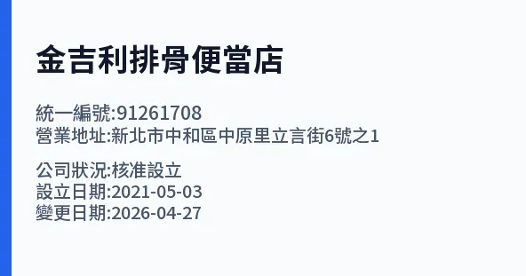 金吉利排骨便當店的照片-統編 91261708(新北市) 公司登記資料與營業項目詳細圖表