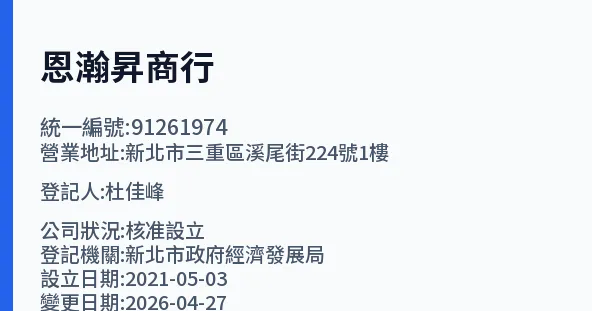 恩瀚昇商行的照片-統編 91261974(新北市) 公司登記資料與營業項目詳細圖表