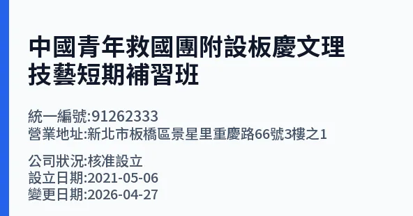 中國青年救國團附設板慶文理技藝短期補習班的照片-統編 91262333(新北市) 公司登記資料與營業項目詳細圖表