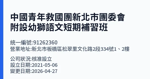 中國青年救國團新北市團委會附設幼獅語文短期補習班的照片-統編 91262360(新北市) 公司登記資料與營業項目詳細圖表