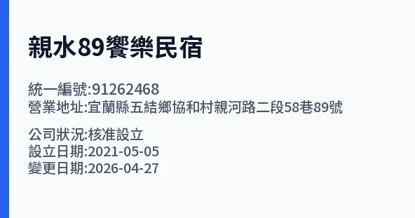親水89饗樂民宿的照片-統編 91262468(宜蘭縣) 公司登記資料與營業項目詳細圖表