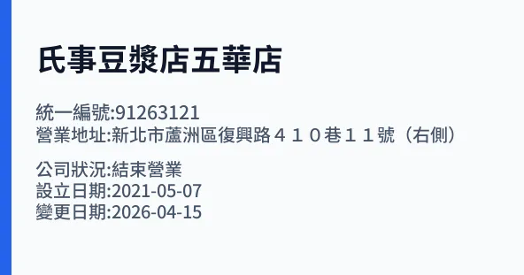 氏事豆漿店五華店的照片-統編 91263121(新北市) 公司登記資料與營業項目詳細圖表