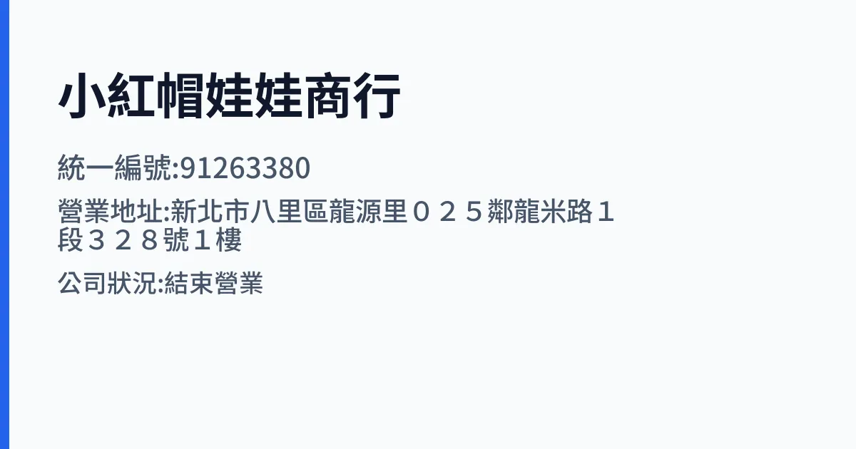 小紅帽娃娃商行 - 統編 91263380(新北市) 公司登記資料與營業項目詳細圖表