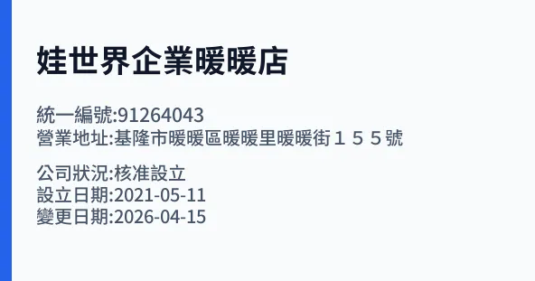 娃世界企業暖暖店的照片-統編 91264043(基隆市) 公司登記資料與營業項目詳細圖表