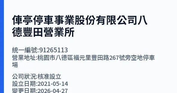 俥亭停車事業股份有限公司八德豐田營業所的照片-統編 91265113(桃園市) 公司登記資料與營業項目詳細圖表