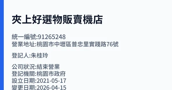 夾上好選物販賣機店的照片-統編 91265248(桃園市) 公司登記資料與營業項目詳細圖表