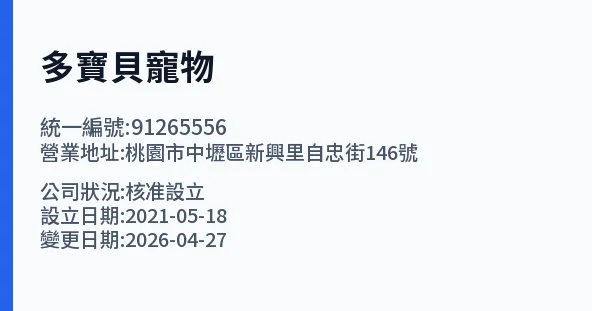 多寶貝寵物的照片-統編 91265556(桃園市) 公司登記資料與營業項目詳細圖表