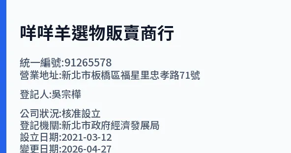咩咩羊選物販賣商行的照片-統編 91265578(新北市) 公司登記資料與營業項目詳細圖表