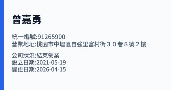 曾嘉勇的照片-統編 91265900(桃園市) 公司登記資料與營業項目詳細圖表