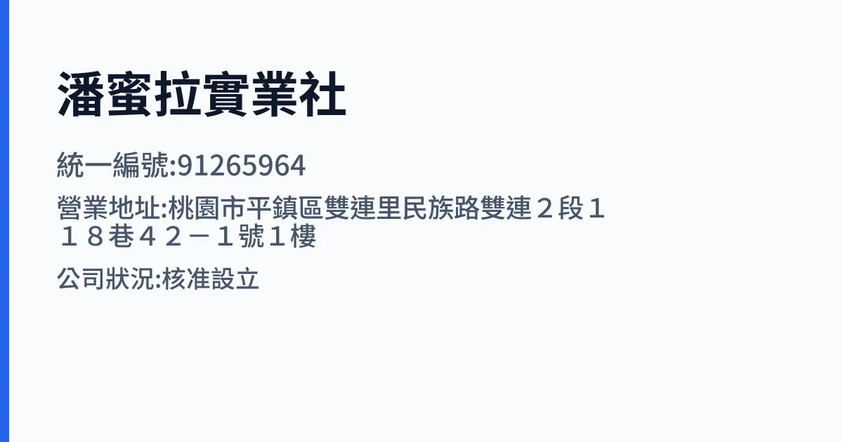 潘蜜拉實業社 - 統編 91265964(桃園市) 公司登記資料與營業項目詳細圖表