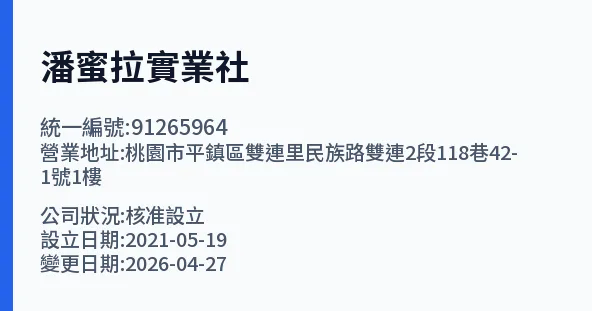 潘蜜拉實業社的照片-統編 91265964(桃園市) 公司登記資料與營業項目詳細圖表