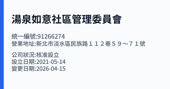 湯泉如意社區管理委員會的照片-統編 91266274(新北市) 公司登記資料與營業項目詳細圖表