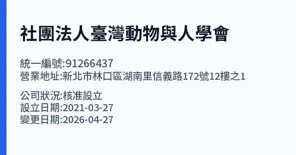 社團法人臺灣動物與人學會的照片-統編 91266437(新北市) 公司登記資料與營業項目詳細圖表