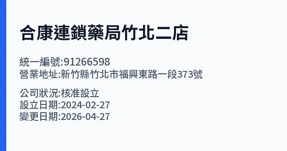 合康連鎖藥局竹北二店的照片-統編 91266598(新竹縣) 公司登記資料與營業項目詳細圖表