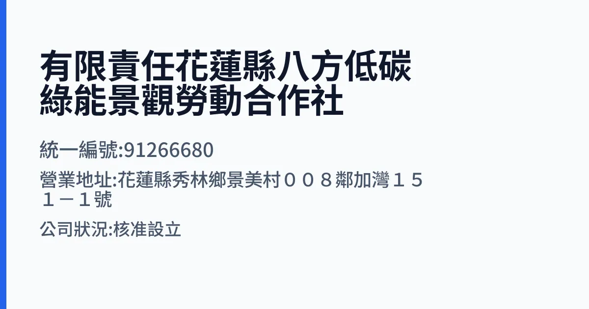有限責任花蓮縣八方低碳綠能景觀勞動合作社 - 統編 91266680 (花蓮縣) 公司登記資料與營業項目詳細圖表