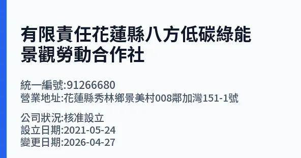 有限責任花蓮縣八方低碳綠能景觀勞動合作社的照片-統編 91266680(花蓮縣) 公司登記資料與營業項目詳細圖表