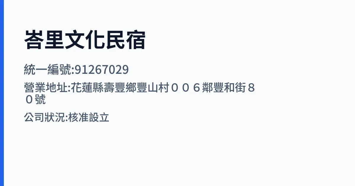 峇里文化民宿 - 統編 91267029(花蓮縣) 公司登記資料與營業項目詳細圖表