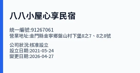 八八小屋心享民宿的照片-統編 91267061(金門縣) 公司登記資料與營業項目詳細圖表