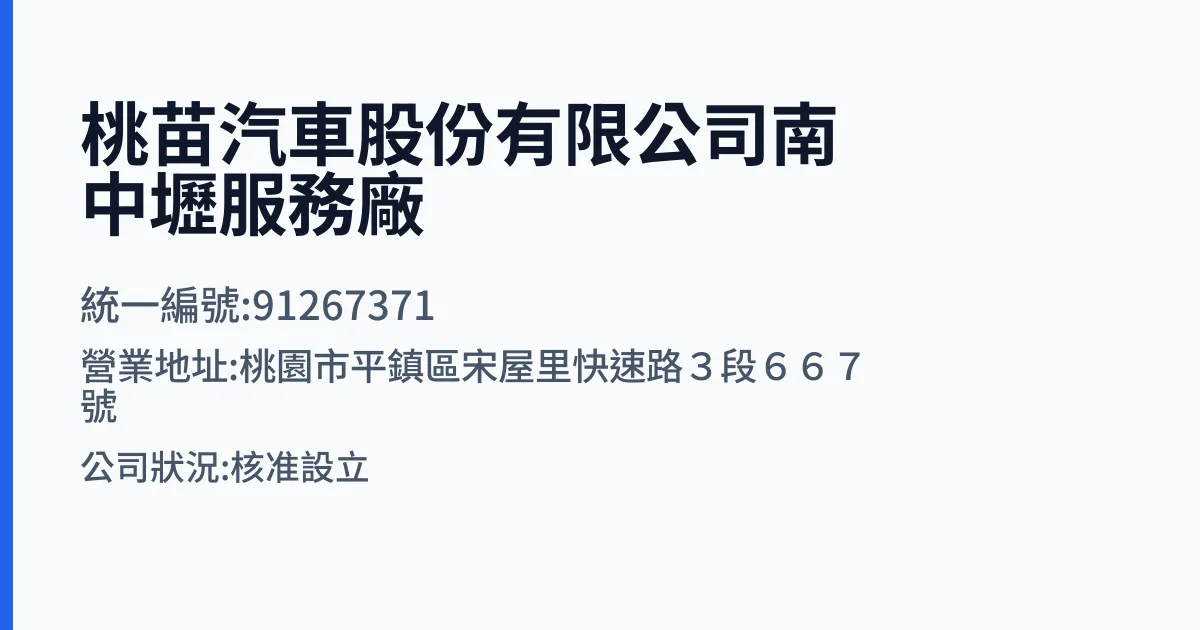 桃苗汽車股份有限公司南中壢服務廠 - 統編 91267371(桃園市) 公司登記資料與營業項目詳細圖表