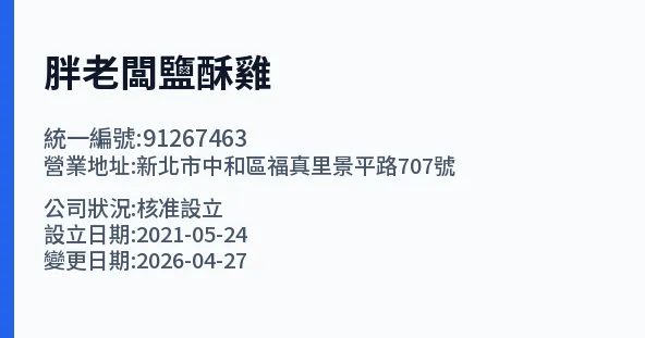 胖老闆鹽酥雞的照片-統編 91267463(新北市) 公司登記資料與營業項目詳細圖表