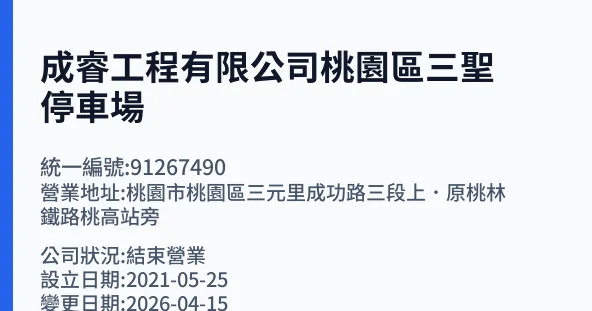 成睿工程有限公司桃園區三聖停車場的照片-統編 91267490(桃園市) 公司登記資料與營業項目詳細圖表