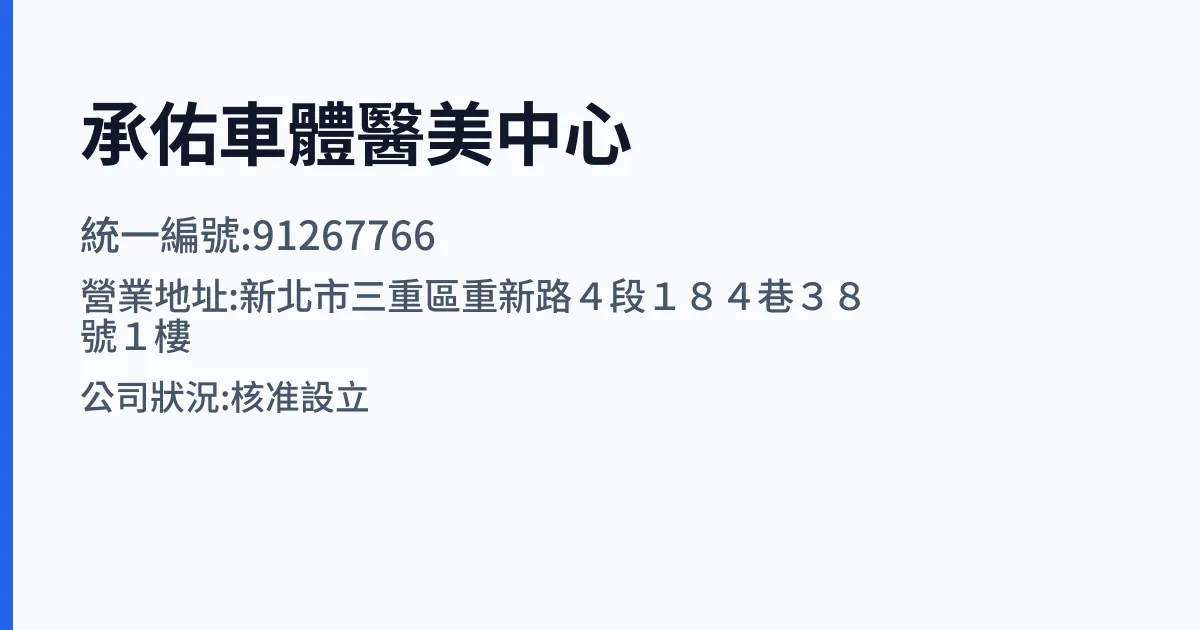 承佑車體醫美中心 - 統編 91267766(新北市) 公司登記資料與營業項目詳細圖表